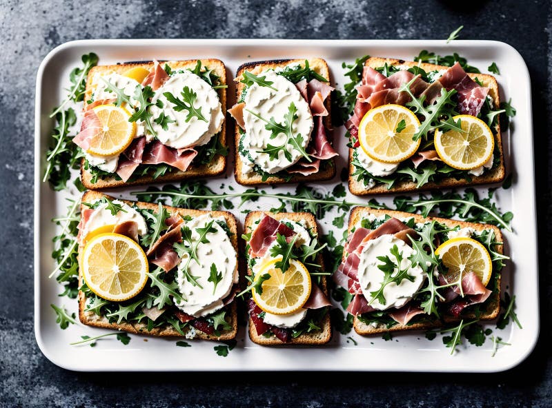 A Tray Filled with Various Types of Sandwiches, Including Ham and ...