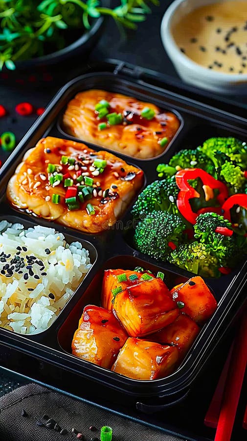 A Tray of Food with Broccoli, Rice, and Meat Stock Photo - Image of ...