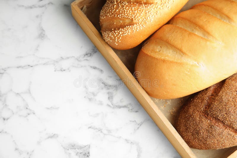 Tray of Fresh Bread on Table, Space for Text Stock Image - Image of ...