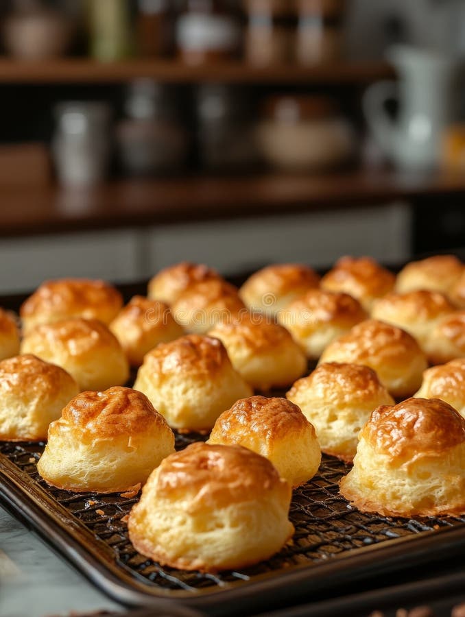 A Tray of Freshly Baked Golden Brown Buns in a Rustic Kitchen. Stock ...