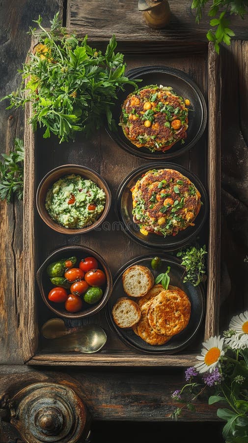 A Tray of Freshly Made Veggie Burgers, Served with Side Dishes on a ...