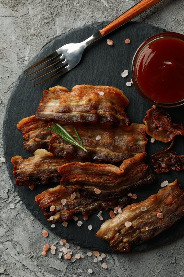 Tray with Fried Bacon on Gray Background Stock Photo - Image of ...