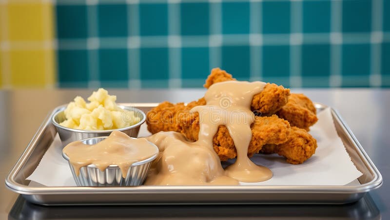 A Tray with a Fried Chicken Meal Including Mashed Potatoes and Gravy on ...