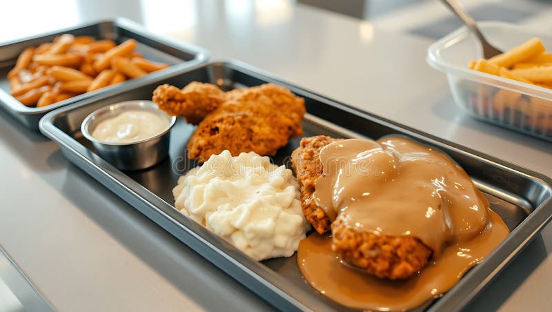 A Tray with a Fried Chicken Meal Including Mashed Potatoes and Gravy on ...