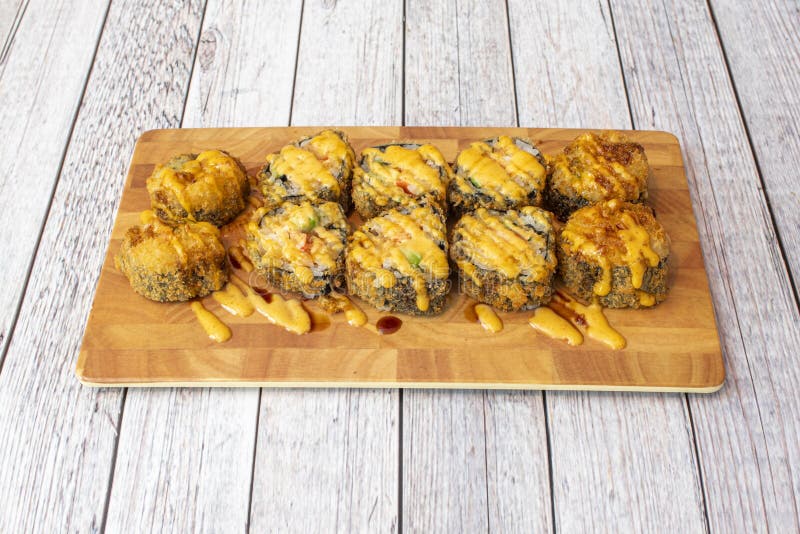 Tray of Fried Fat Maki Sushi with Sauce Stock Image - Image of gourmet ...