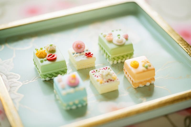 A Tray of Frosted Petit Fours with Delicate Decorations Stock Image ...