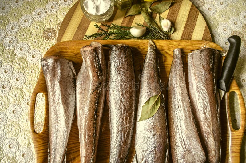 Tray with Frozen Fish and Spices on the Kitchen Table Stock Photo ...