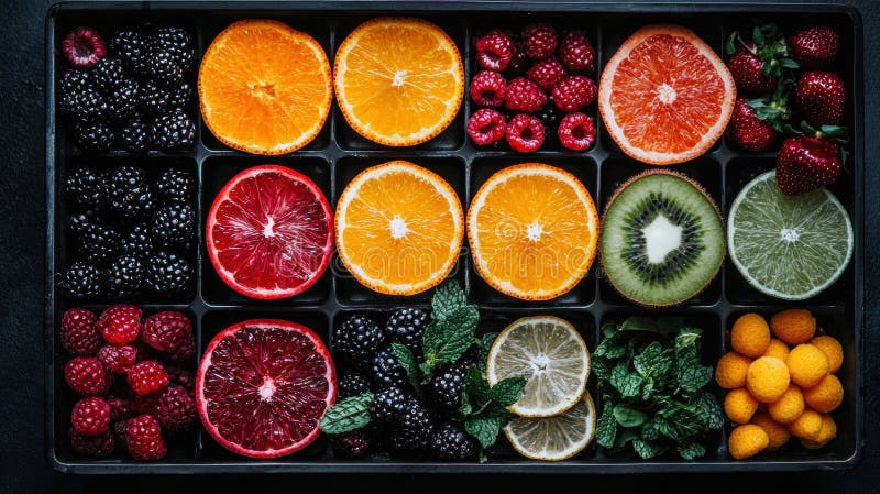 A Tray of Fruit Arranged in a Grid Pattern. Stock Image - Image of ...