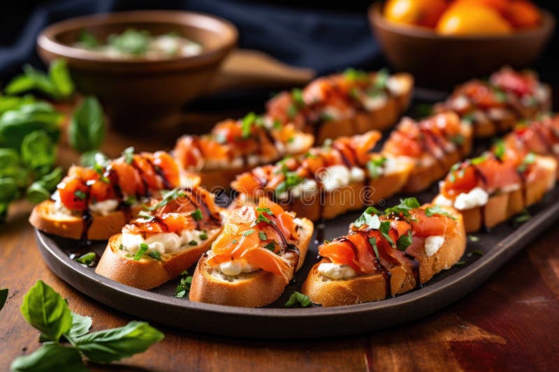 A Tray Full of Bite-sized Smoked Salmon Bruschetta Stock Image - Image ...