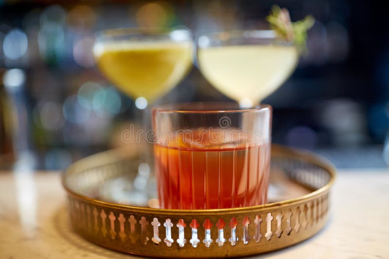 Tray with Glasses of Cocktails at Bar Stock Image - Image of spirit ...