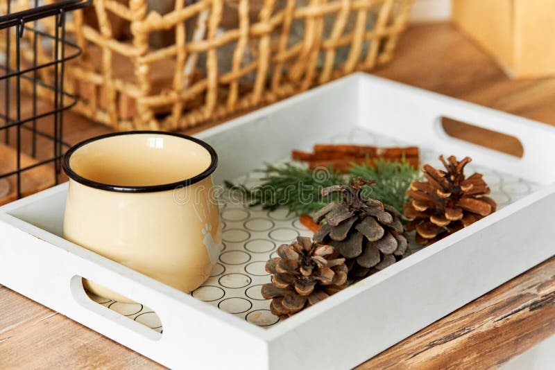 A Tray with a Jug of Hot Tea and Pine Cones. it Will Keep Warm in Cold ...