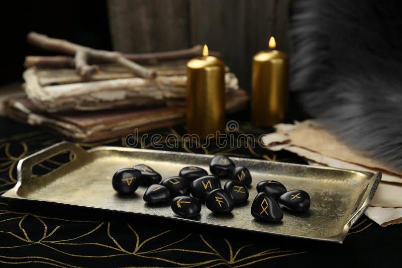 Tray with Many Black Rune Stones on Divination Mat, Closeup Stock Photo ...