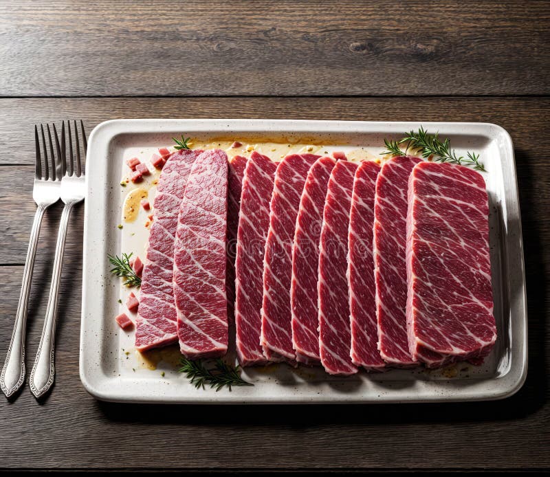 A Tray of Meat with a Fork and Knife on the Table Stock Photo - Image ...