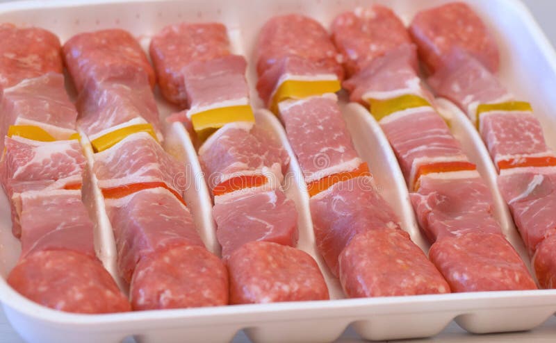 Tray of Meat Skewers Ready To Be Cooked Stock Image - Image of grilled ...