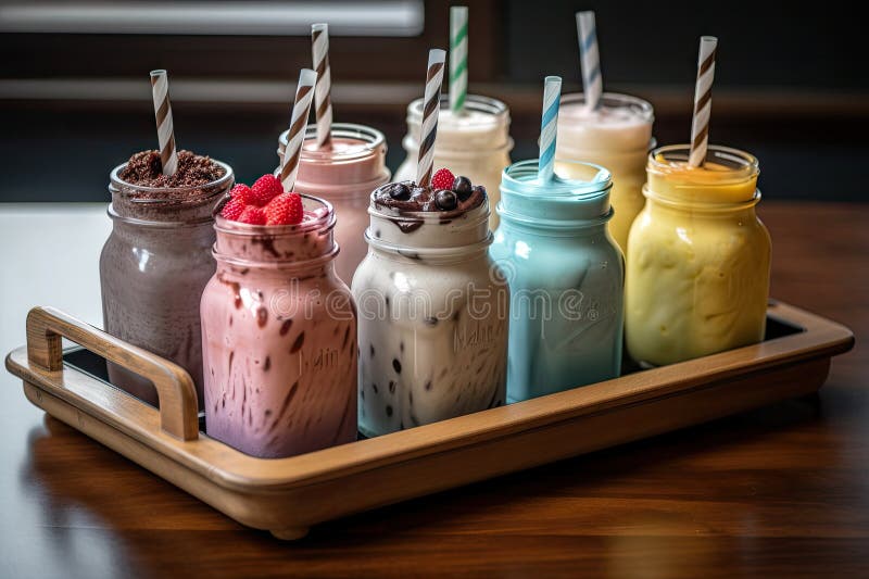 Tray of Milkshakes, Each One in a Different Flavor Stock Illustration ...