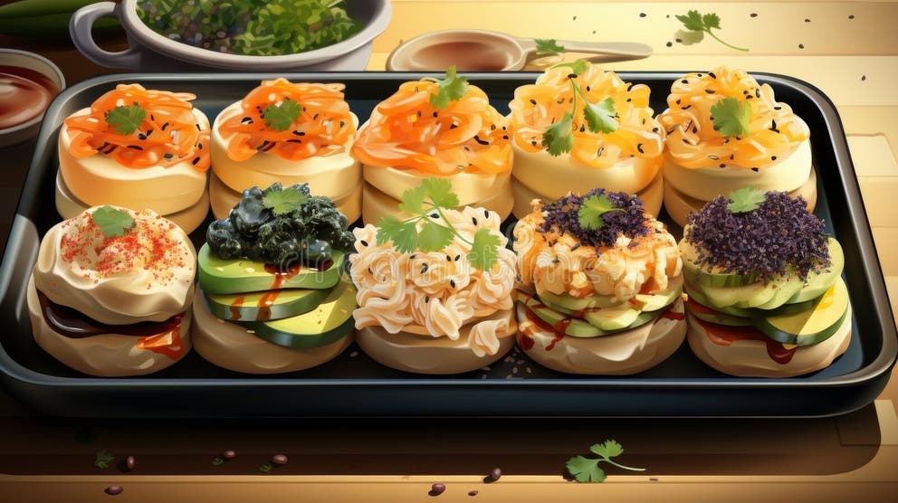 A Tray of Mini Sliders with Various Toppings Flat Illustration Stock ...