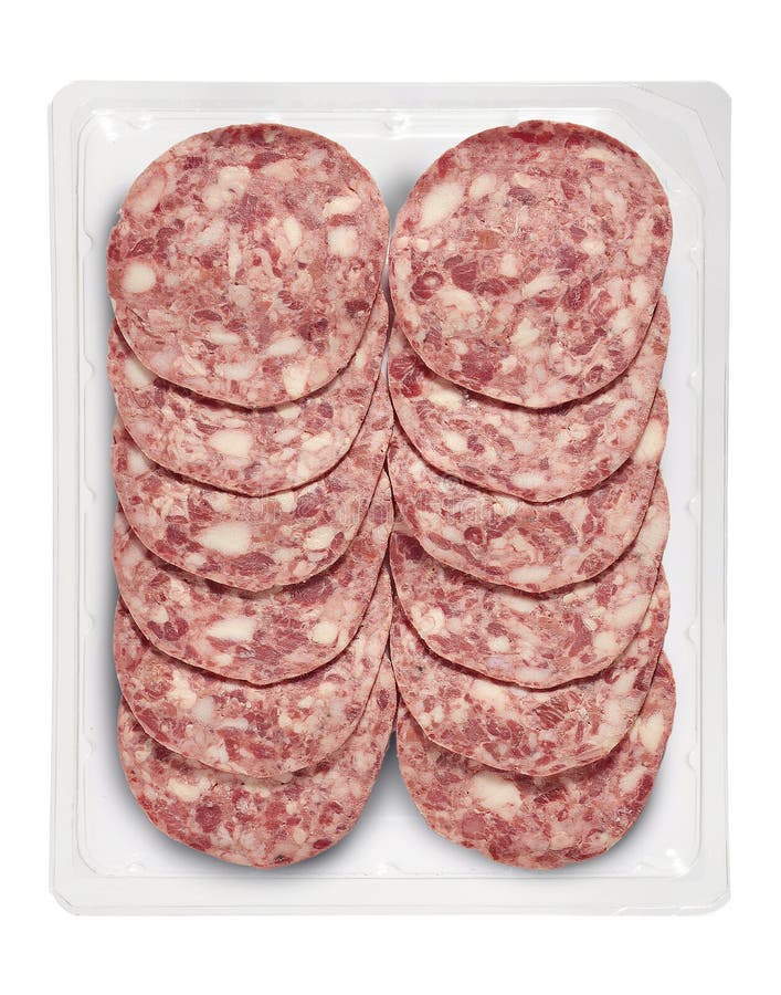 Tray Packaged of Pork Cooked Salami with Liver Stock Photo - Image of ...