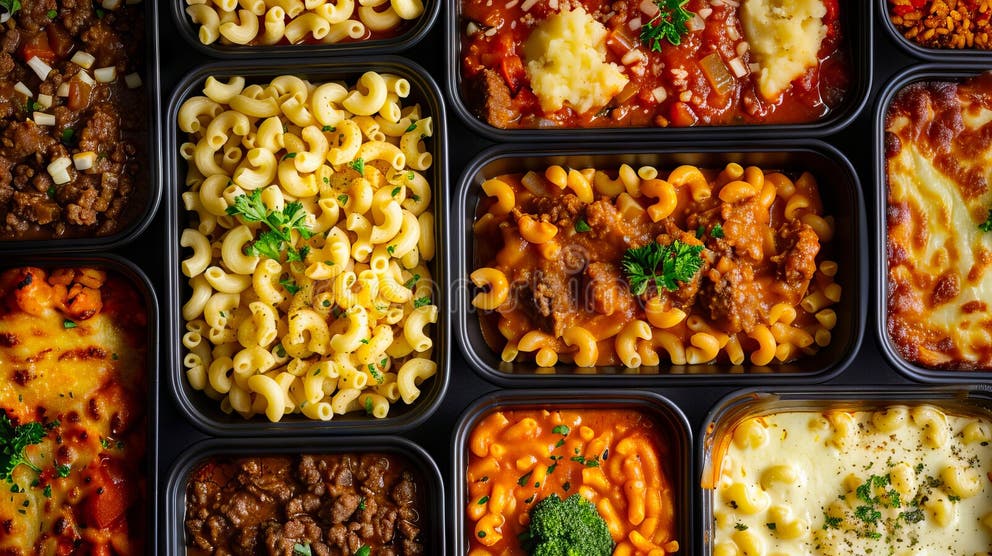 A Tray of Pasta and Meat Dishes Stock Image - Image of tray, plate ...