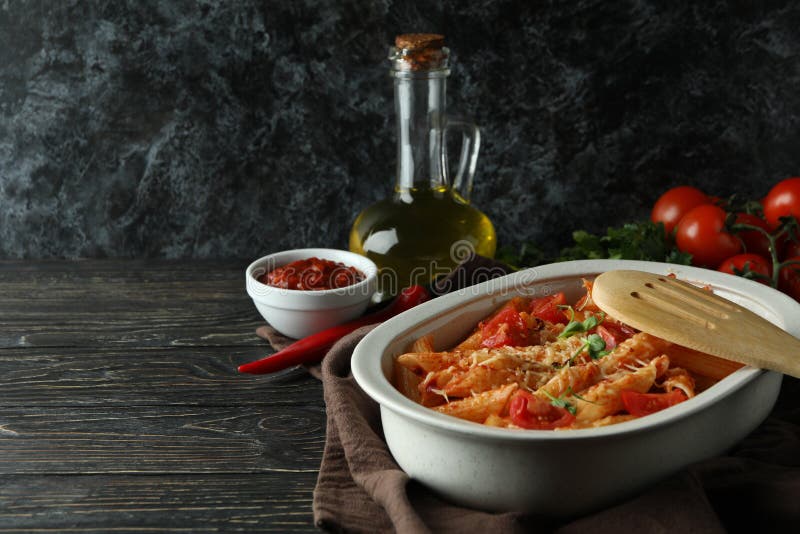 Tray with Pasta with Tomato Sauce on Wooden Table, Space for Text Stock ...