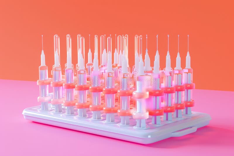 A Tray of Pink and White Syringes with a Pink Background with ...