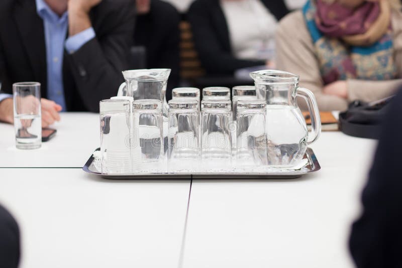 Tray with Pitcher and Glasses of Water Stock Image - Image of classroom ...
