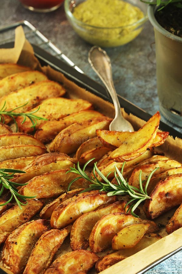 A Tray with Potatoes Backed in Oven Stock Image - Image of roasted ...
