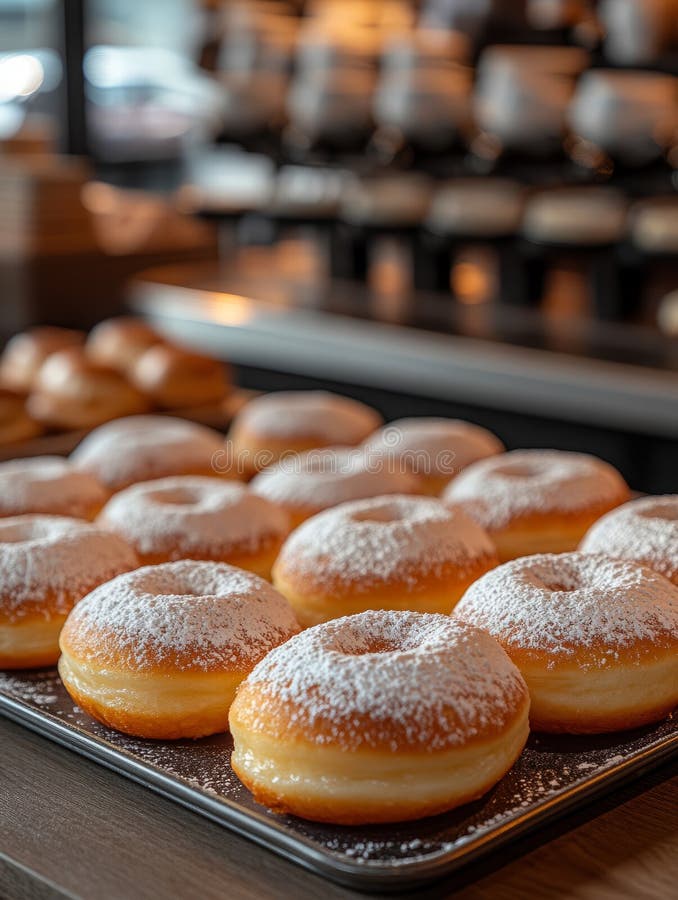 Tray of Powdered Sugar Donuts in a Bakery Setting. Stock Image - Image ...