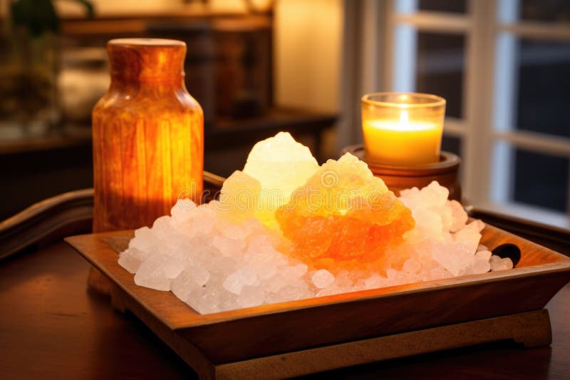 Tray of Salt Crystals in Front of a Himalayan Salt Lamp Stock Photo ...