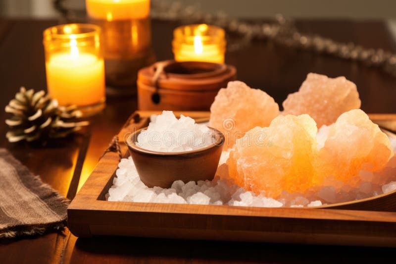 Tray of Salt Crystals in Front of a Himalayan Salt Lamp Stock Photo ...