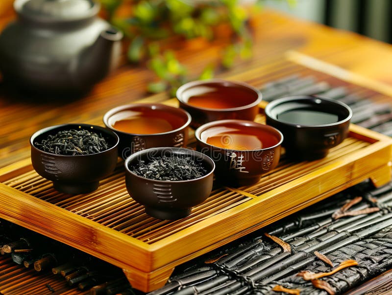 A Tray with Several Cups of Tea on it Stock Image - Image of serveware ...