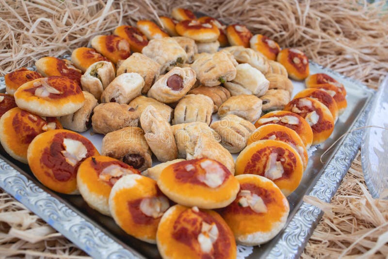 Tray with Small Pizzas with Tomato and Mozzarella, Rustic Stock Photo ...