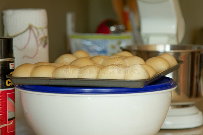 Tray of Soft Rolls Ready for Consumption in Cluttered Kitchen Stock ...