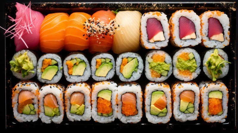 Tray Sushi Rolls Colorful Bite-sized Stock Illustration - Illustration ...