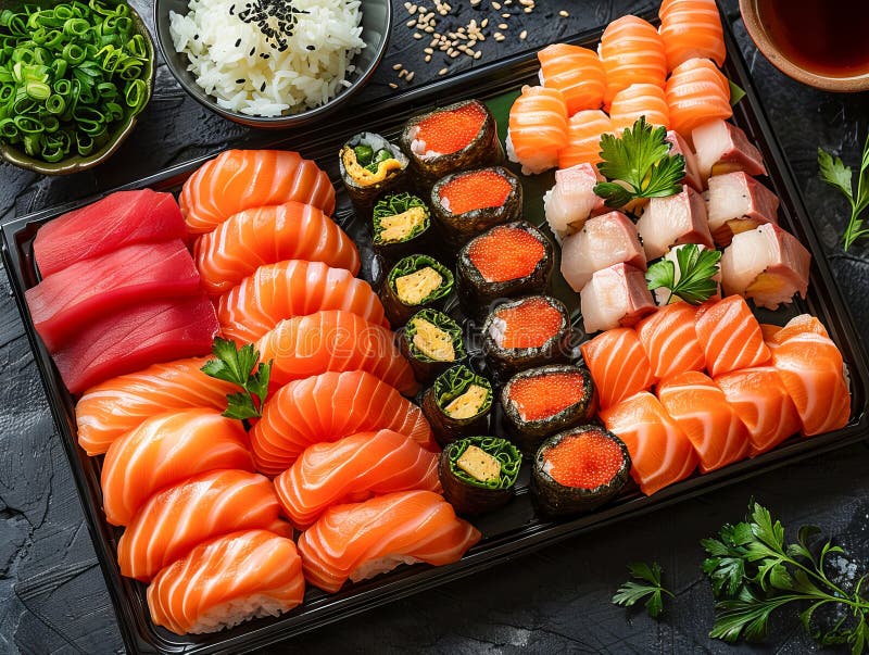 A Tray of Sushi with Various Types of Fish Stock Image - Image of ...