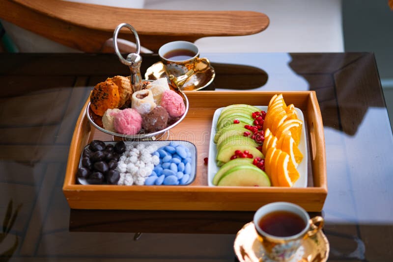 Tray of Sweets and Fruit Served for Tea. Stock Photo - Image of vegan ...