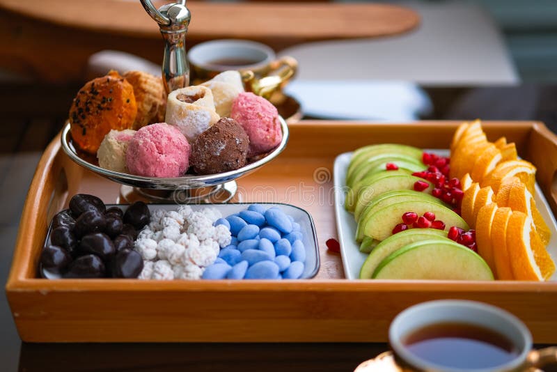 Tray of Sweets and Fruit Served for Tea. Stock Image - Image of ...