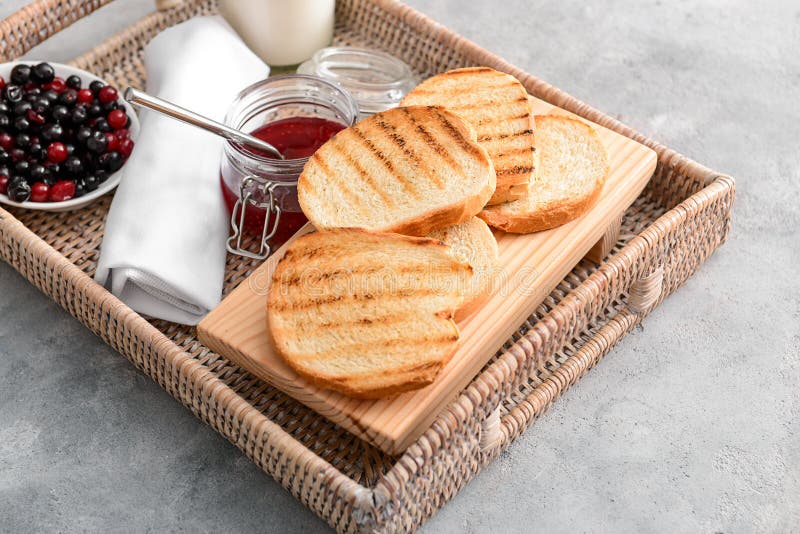Tray with Toasted Bread and Jam on Grey Background Stock Image - Image ...