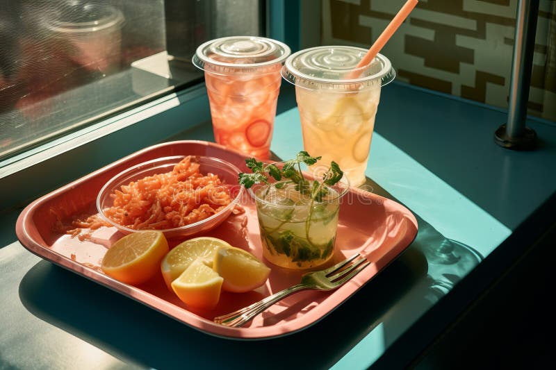 A Tray with Two Drinks and Some Food on it Stock Illustration ...