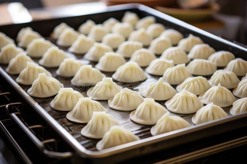 A Tray of Uncooked Dumplings Ready To Be Steamed Stock Illustration ...