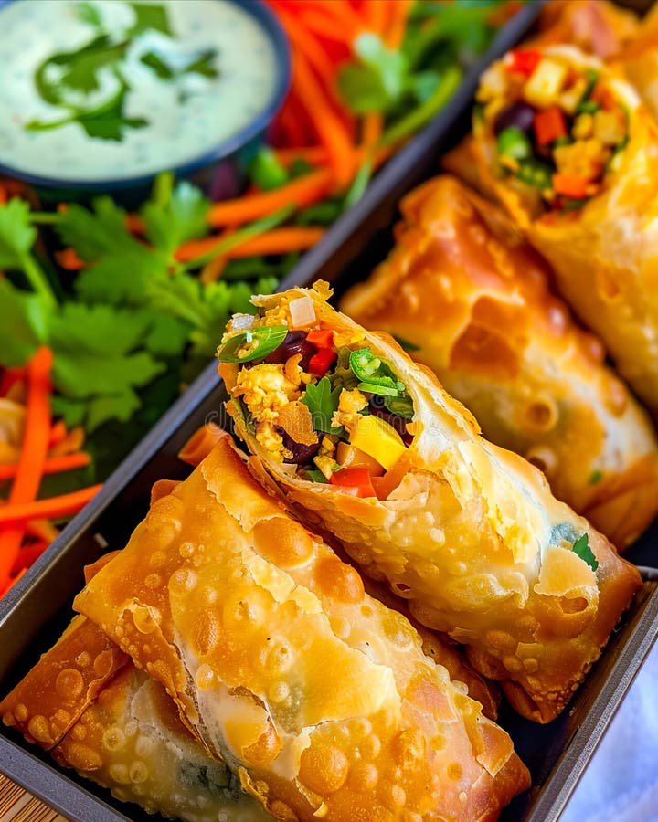 A Tray of Vegetable Rolls with Dip Stock Image - Image of recipe ...