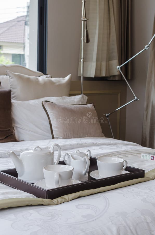 Tray of White Tea Set in Bedroom Stock Image - Image of purple, basket ...