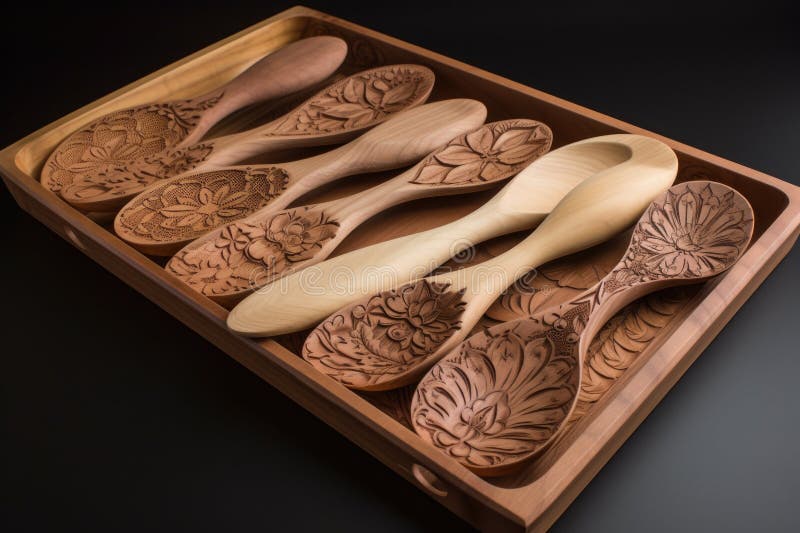 Tray of Wooden Spoons, Each with Unique Carving or Handle Design Stock ...