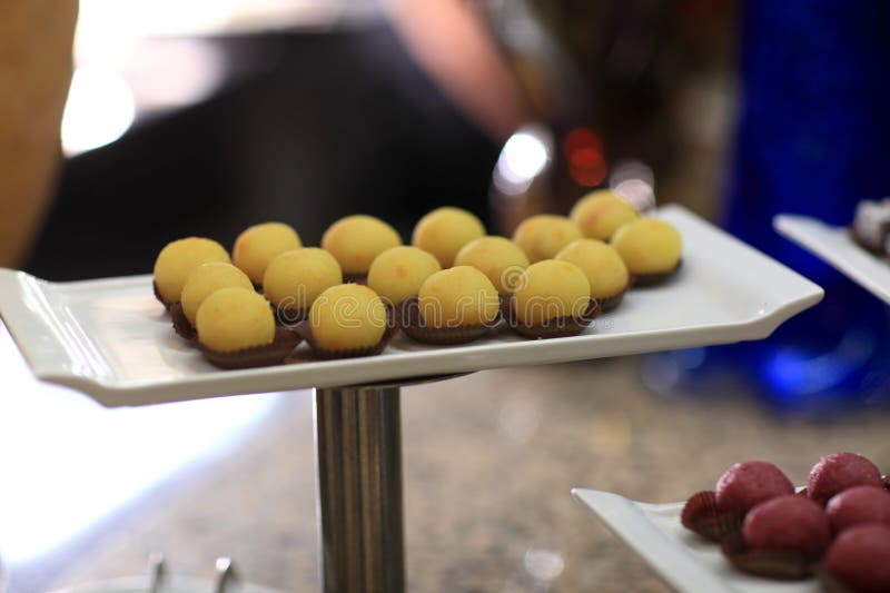 Tray with Yellow Ball Cakes Canape Stock Image - Image of reception ...