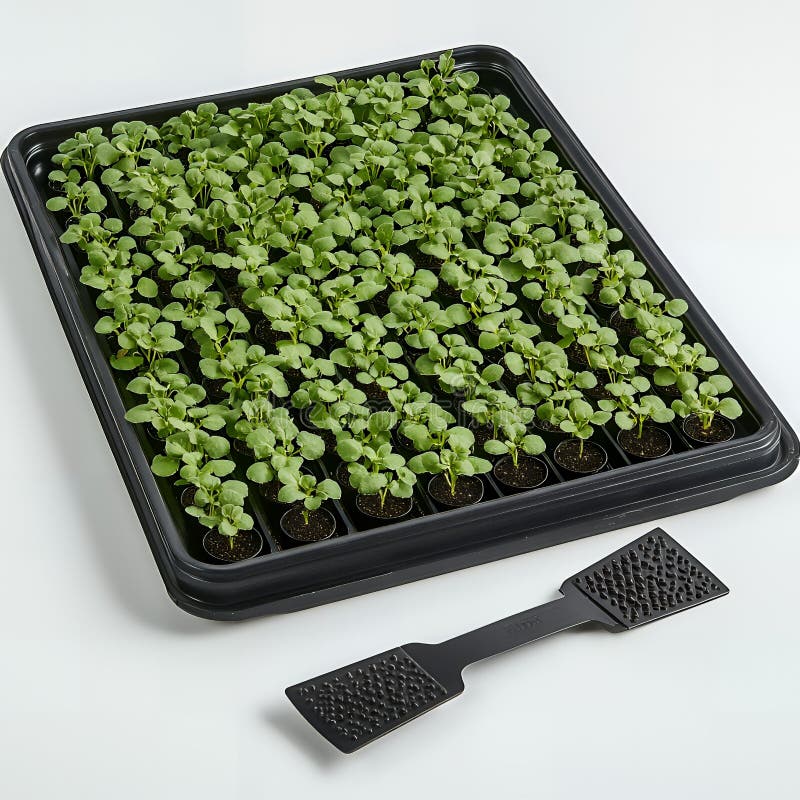 A Tray of Young Seedlings with a Tool for Planting Stock Illustration ...