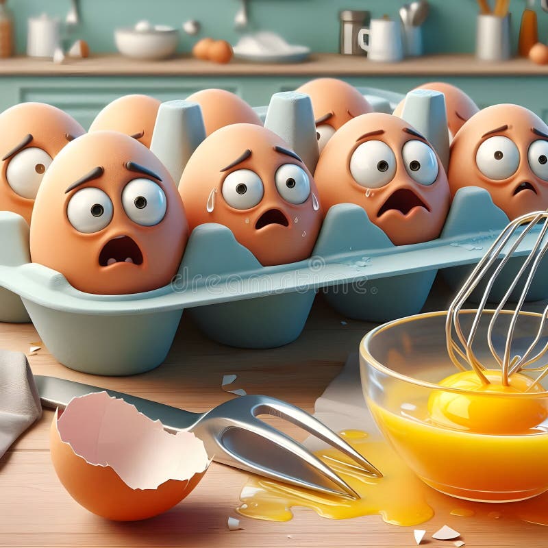A Trays of 12 Caricature Eggs with Frightened Look at the Sight of ...