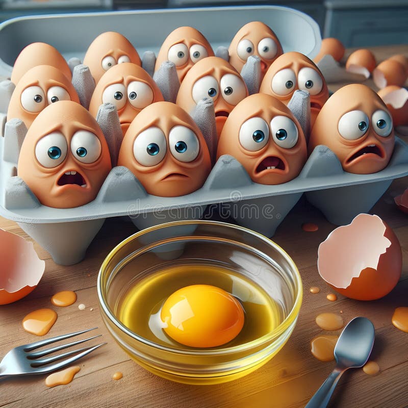 A Trays of 12 Caricature Eggs with Frightened Look at the Sight of ...