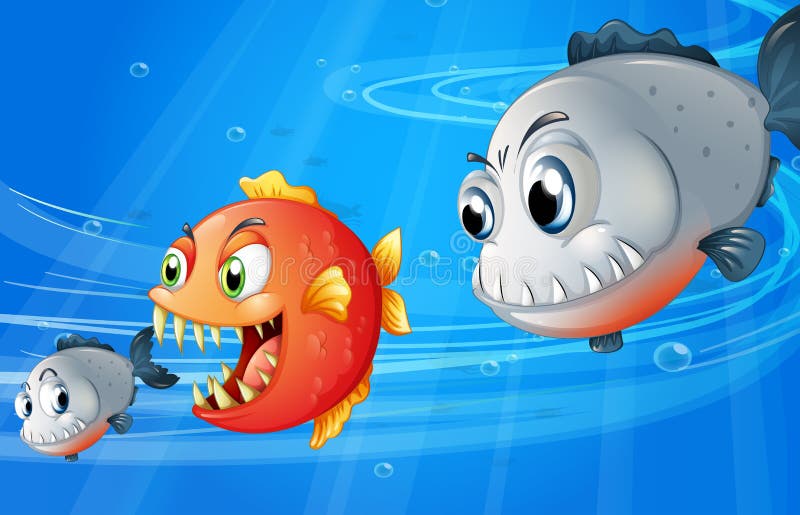 Tre läskiga fiskar vektor illustrationer. Illustration av simning ...