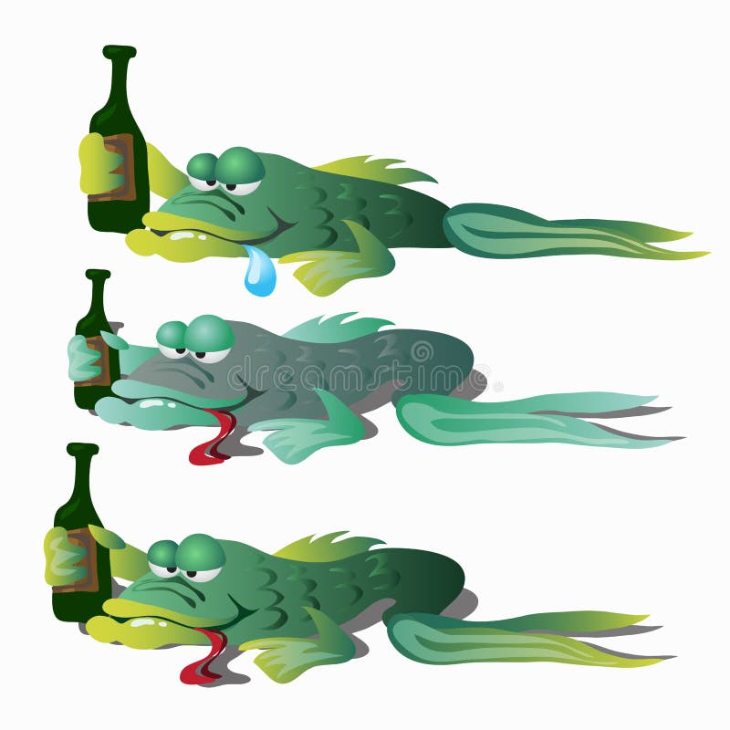 Tre Roliga Fulla Fiskar Med Flaskan Vektor Illustrationer ...