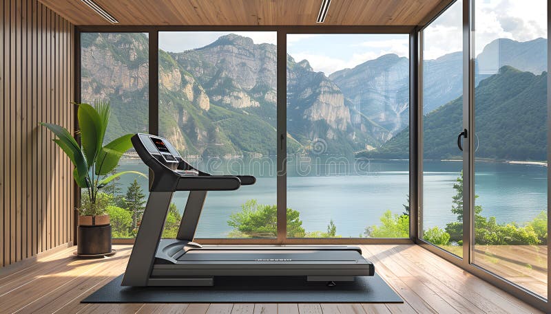 Treadmill in Front of a Scenic Window, Serene Workout Space Stock ...