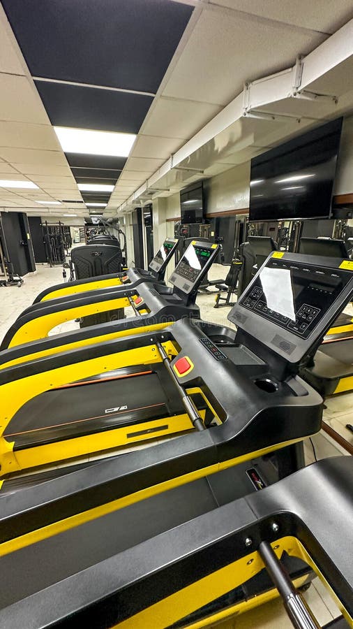 Treadmills Display Gym Black Plastic Machines Yellow Metal Inserts ...